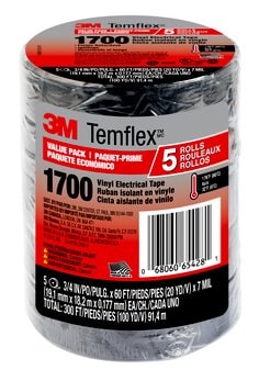 3M™ Temflex 1700 Vinyl Electrical Tape 1700-5PK-BB6, 3/4 in x 60 ft x ...